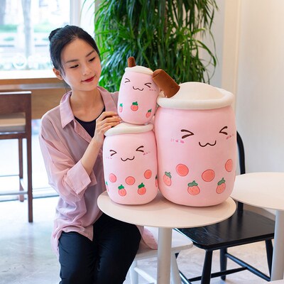 Cute Boba Milk Tea Plushie Toy Soft Stuffed  Pink Strawberry