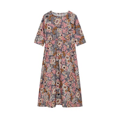 Printed MidLength Dress w Round Neck Mid Sleeves Relaxed Fit