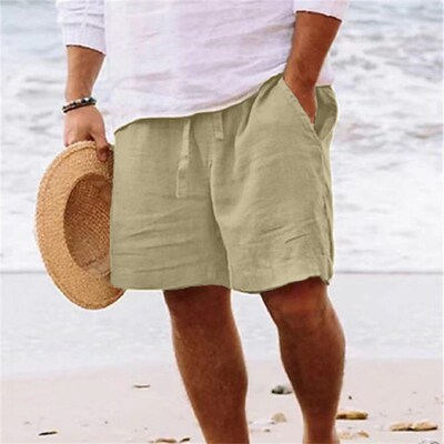 Mens Shorts tton Linen Drawstring Elastic Waist Straight Le