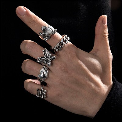 2023 Gothic Skeleton Unisex Ring Set Punk Grunge Butterfly F