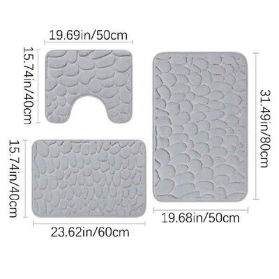 3 Pieces Bathroom Bath Mat Cobblestone Embossed Memory