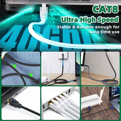 White Cat8 Ethernet Cable Flat Lan Cable High Speed RJ45 40G