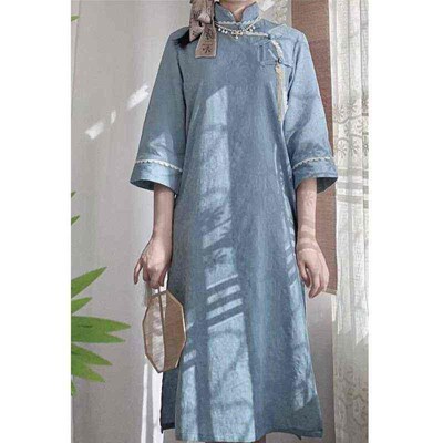 2019Ancient cheongsam retro artistic cotton and linen dress,