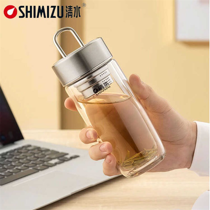 清水单双层拎环玻璃杯家用鹅蛋高硼硅玻璃水杯子316带滤网水杯子