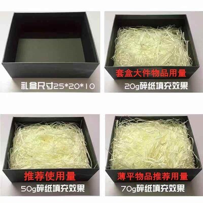 gift lined with shredded paper filling, colored packing box