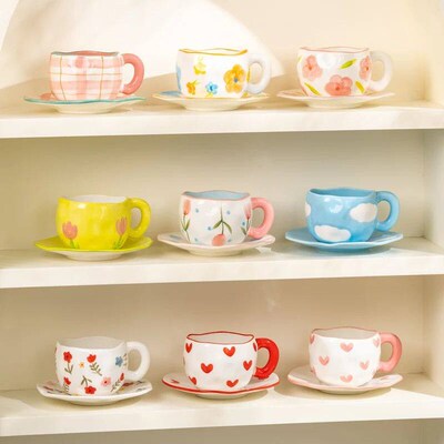 300ML Cute Hand Pinched Irregular Ceramic mug Flower Heart P