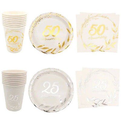 8Pcs 25th 50th Anniversary Paper Plates Cups Napkins