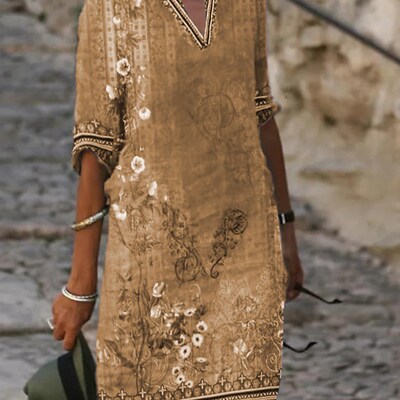 Ethnic Style Half Sleeve Loose Waist Dresses Ladies Vintage