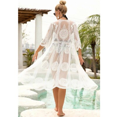 Women Swimsuits Cover Ups Sheer Lace Hollow Long Sleeve Open