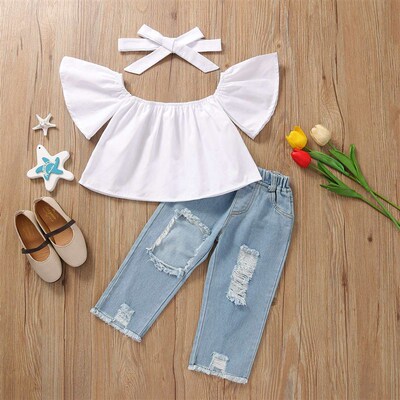 Girls Summer Fashion Suit Girls One-character Collar Flyin