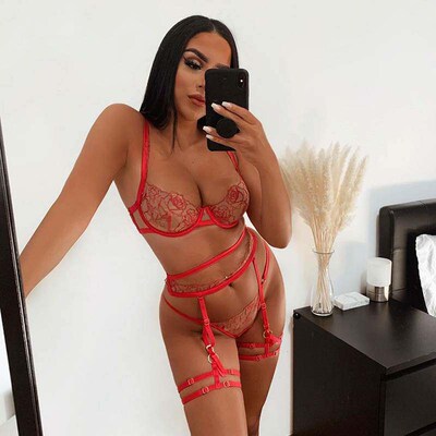 Yimunancy Embrodiery 3-piece Lace Bra Set Women Floral Bra U
