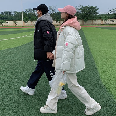 实拍羊羔毛拼接假两件加厚连帽羽绒棉服女2025新日系情侣棉衣外套