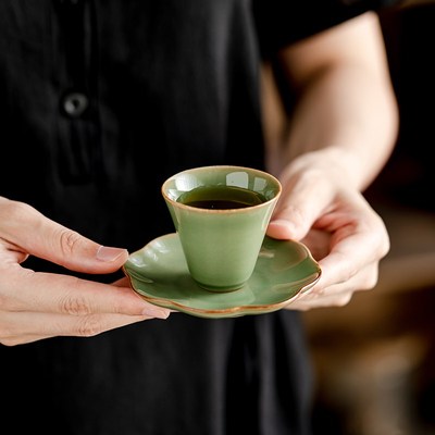 竹绿釉青瓷莲花杯垫功夫茶道茶具隔热垫子杯托茶托创意陶瓷配件垫
