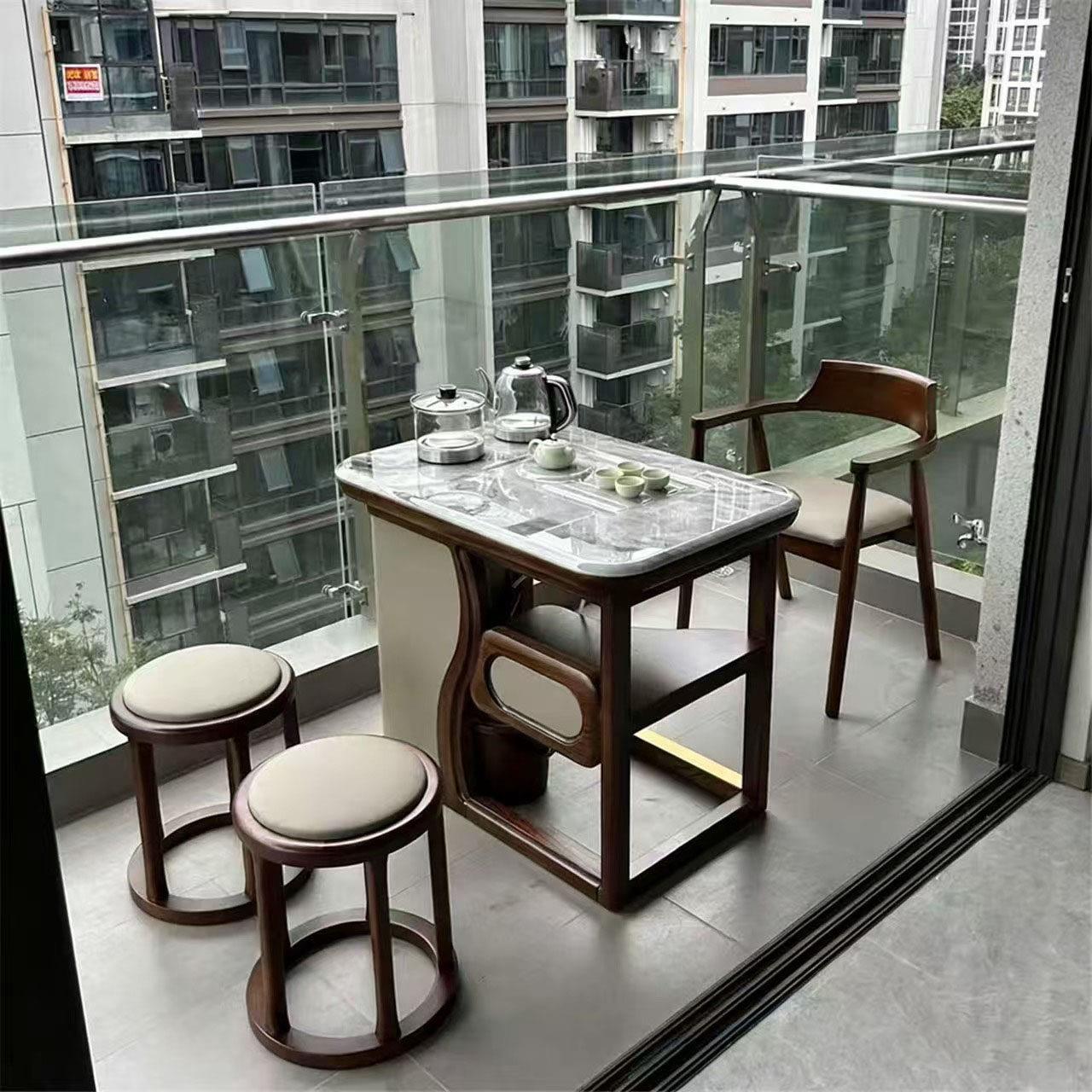 阳台茶桌椅组合新中式黑胡桃木实木家用小茶台极简小户型雨牧茶桌