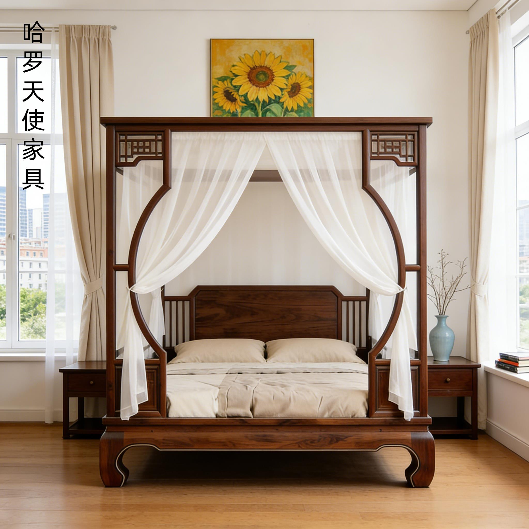 新中式北美黑胡桃木架子床家用双人拔步床实木床古典婚床传统卧室
