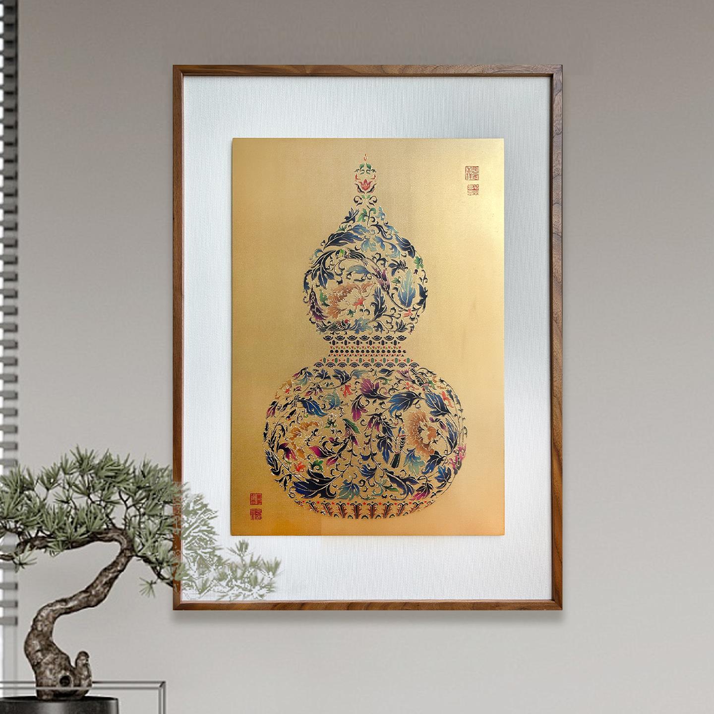 葫芦挂画新中式装饰画入户玄关正对门壁画风水福禄客厅高级铜雕画