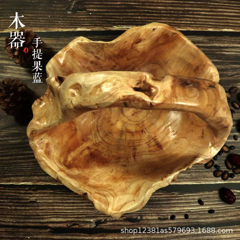 实木手提水果篮果盘木质客厅茶几家用摆件糖果干果盘果盆新中式