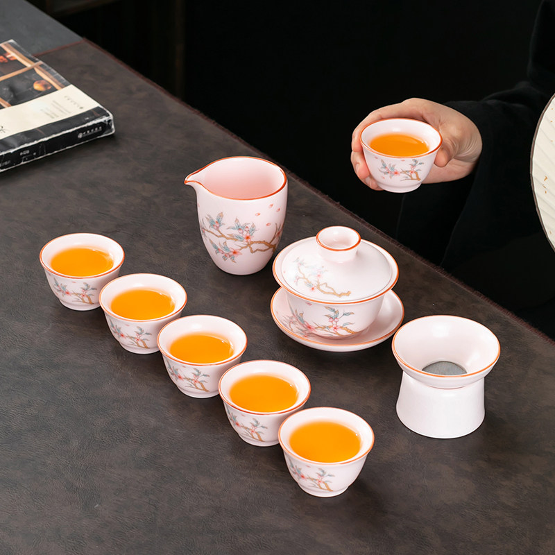 粉色汝窑功夫茶具新中式手绘桃花泡茶碗茶具套装女士精致礼盒送礼