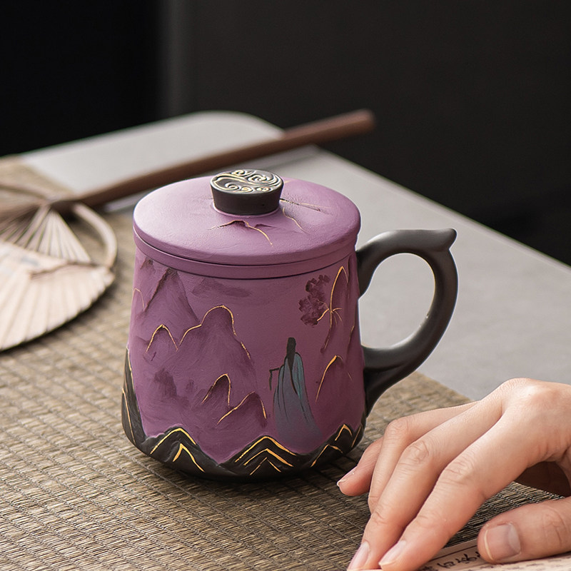 紫砂办公杯纯手绘大容量陶瓷水杯带盖过滤泡茶杯子礼盒装伴手礼物