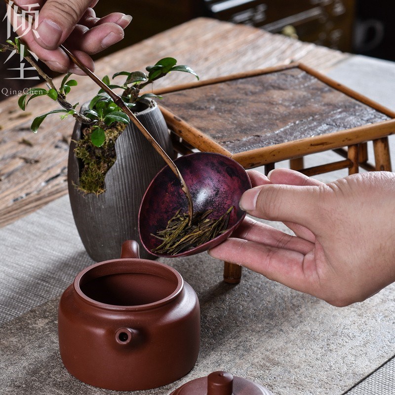 倾尘 小巧紫铜茶荷创意纯铜梅花茶则六君子茶勺家用复古茶铲茶拨