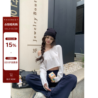 paosweet 街头vibes 慵懒高级感长袖T恤女雪花棉短款卷边斜肩上衣