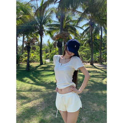 paosweet华夫格实穿亨利领短袖T