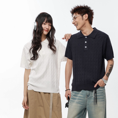 HSNH【夏季花纹针织T恤】复古简约翻领短袖POLO衫上衣休闲男女