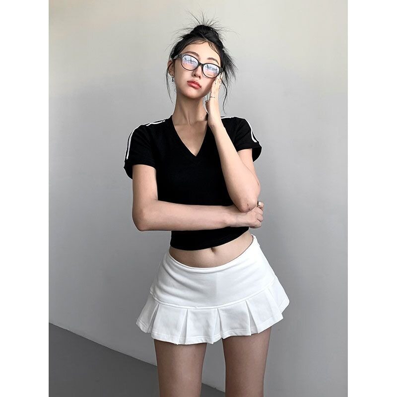 辣妹纯色低腰百褶半身裙女夏季美式运动风a字版修身百搭短裙子ins