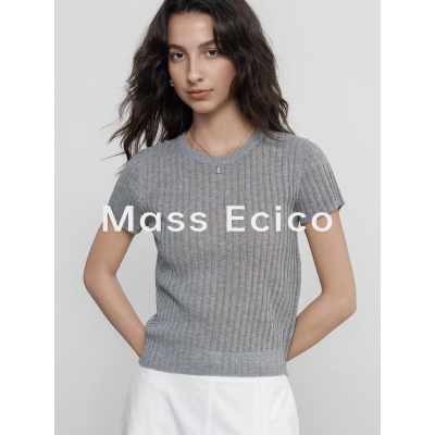 Mass Ecico纯色圆领短袖针织衫女夏季百搭基础款显瘦外穿套头上衣