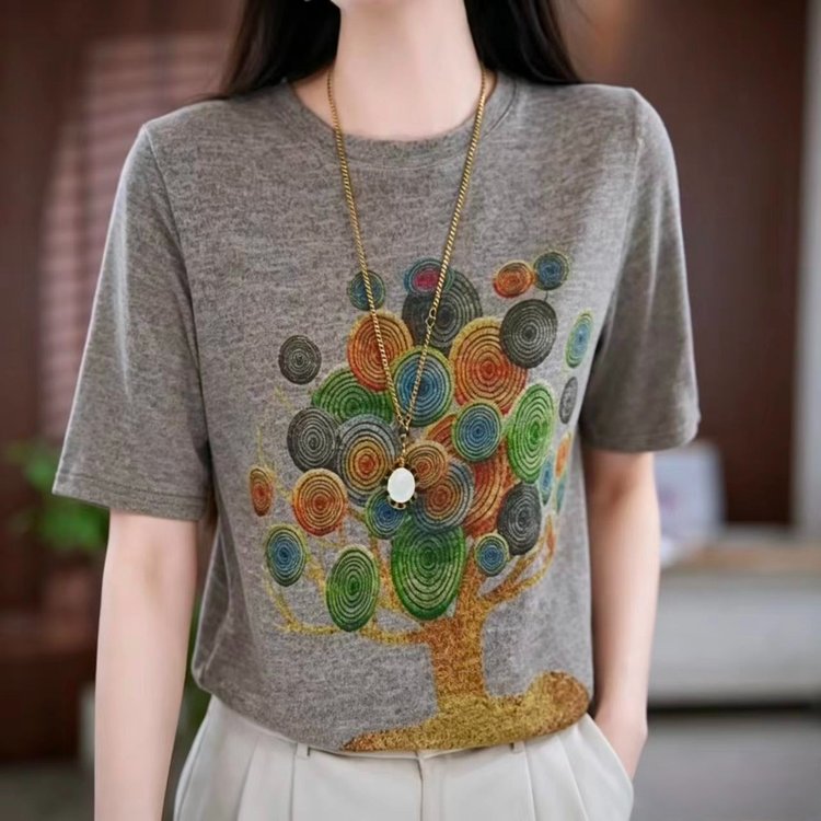 中老年女士时尚印花T恤夏季薄款圆领短袖宽松大码女装舒适透气上