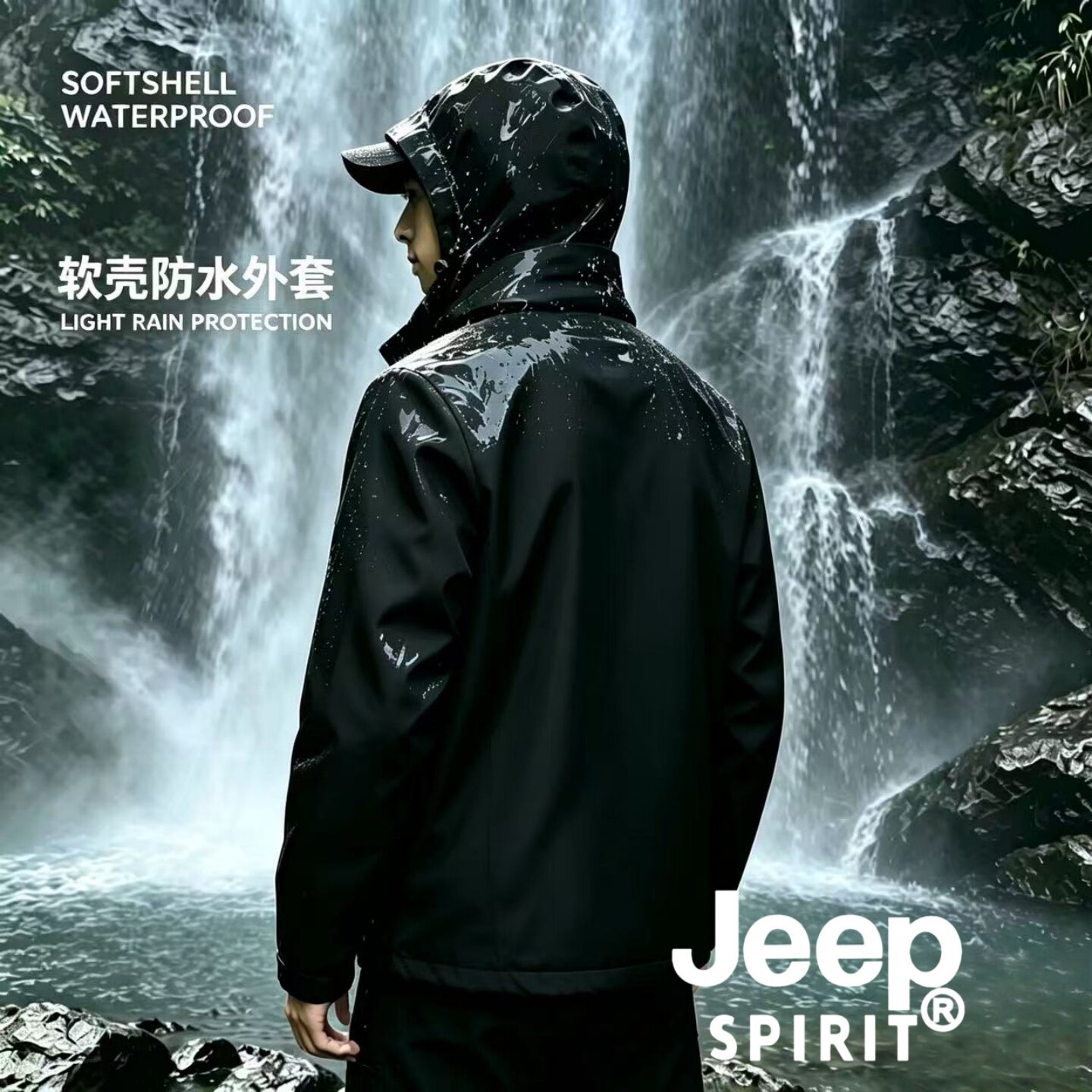 Jeep吉普户外机能风软壳冲锋衣防水加厚夹克外套男连帽登山两件套