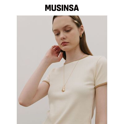 320SHOWROOM 条纹拼色短袖T恤奶油色 MUSINSA韩国官网直邮进口