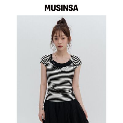 HIGH SCHOOL DISCO BURTON 领扣条纹短袖 MUSINS韩国官网直邮进口