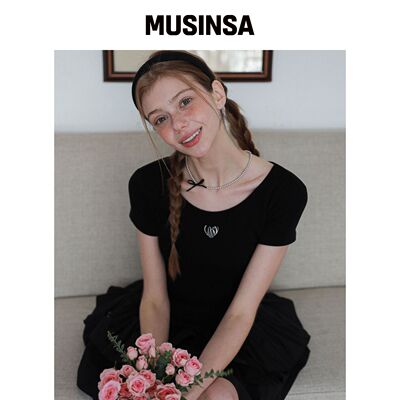 LOSSYROW 修身U领短袖 黑色韩国官网直邮进口MUSINSA