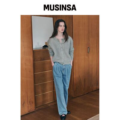 LENINA HUGO 两侧褶皱直筒牛仔裤_BLUE MUSINSA韩国官网直邮进口