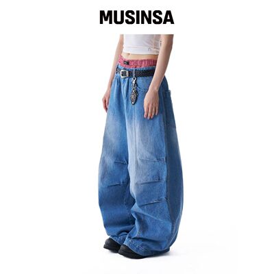 AAKAM 蓝色膝部褶皱水洗牛仔裤 MUSINSA韩国官网直邮进口