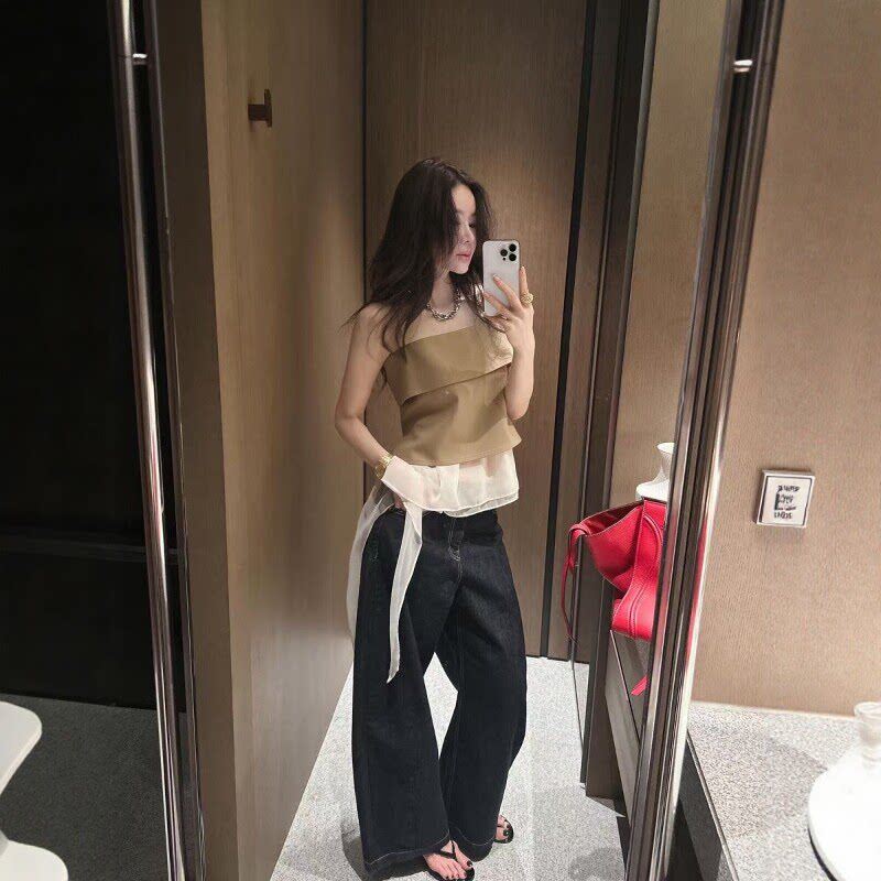 韩版春夏季修身显瘦高级感网红穿搭抹胸上衣休闲宽松阔腿长裤套装