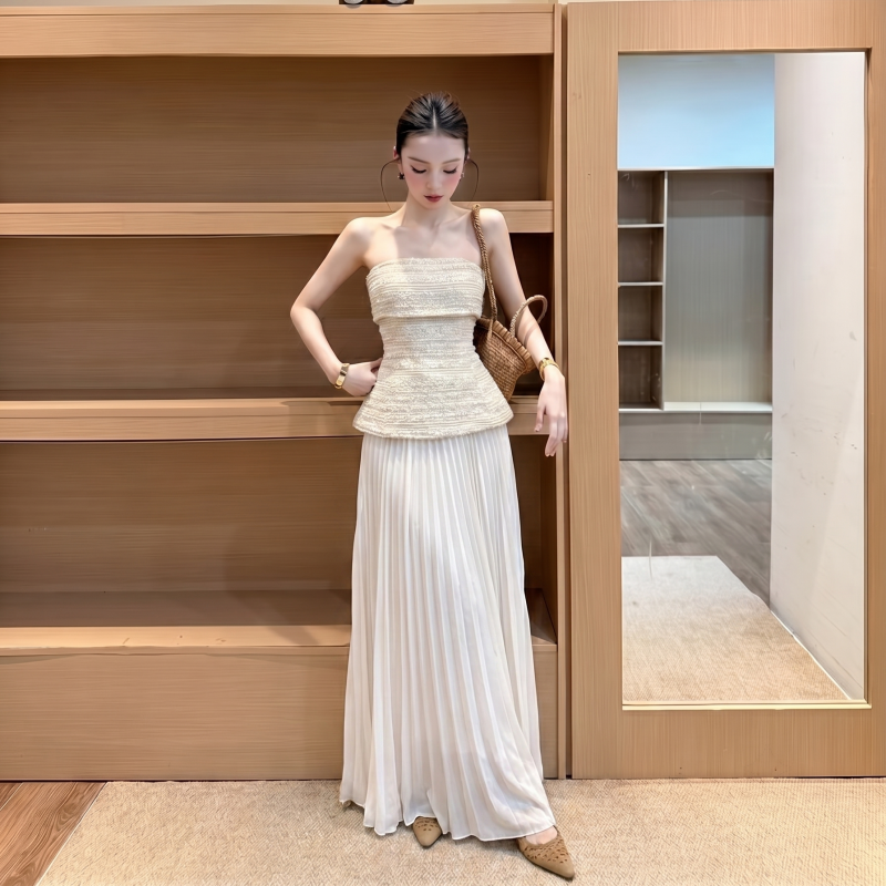 高知漂亮法式名媛风套装裙夏季轻奢礼服收腰抹胸网纱半身裙两件套
