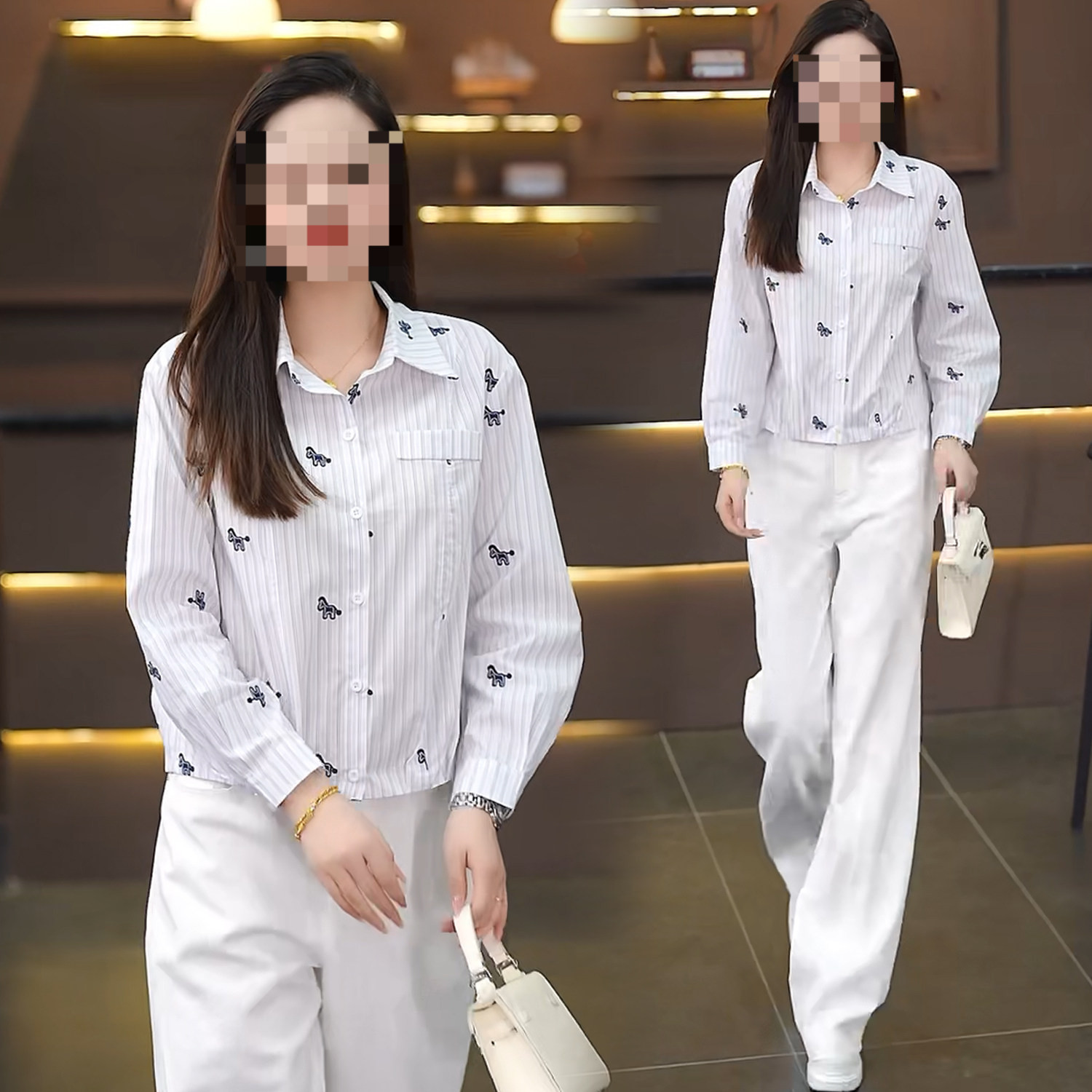 时尚休闲条纹衬衫女2026秋季新款洋气减龄宽松小马刺绣翻领衬衫