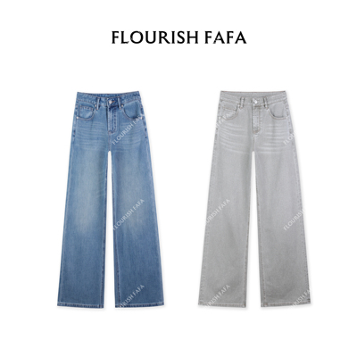 FLOURISH FAFA【茶雾】夏季显瘦微胖高腰春夏款宽松直筒牛仔裤