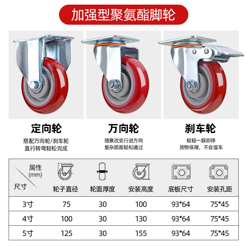 3寸4寸万向轮轮子聚氨酯重型脚轮小手推车板车滑轮尼龙带刹车轱辘
