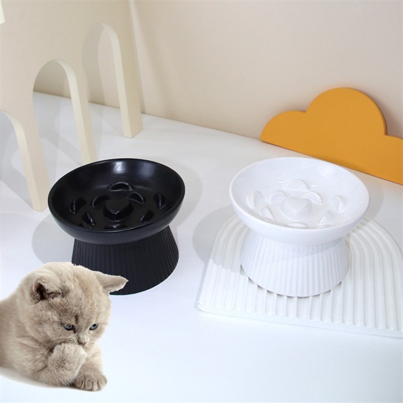 慢食碗宠物高脚陶瓷猫碗狗碗小型犬猫咪防噎缓食防打翻护颈饭盆