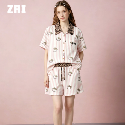 Zai Living/也宅豹纹小猫莱赛尔天丝棉KT印花睡衣女夏季家居服
