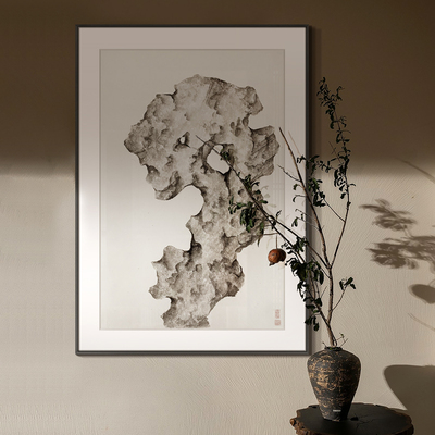 新中式茶台后面背景挂画 办公室太湖石多联装饰画 大师设计A099
