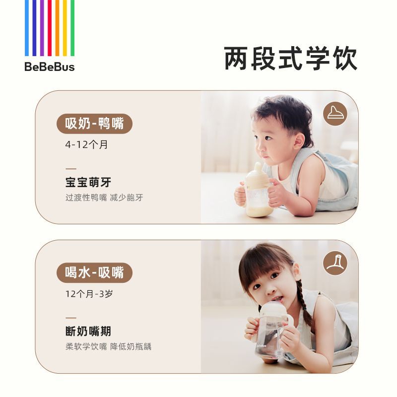 BeBeBus彩虹奶瓶杯学饮杯宝宝婴儿水杯吸管杯儿童6个月以上鸭嘴杯