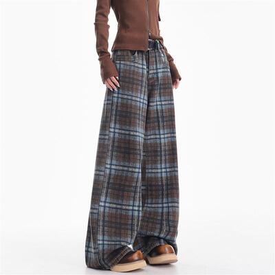 KEN STUDIO秋冬新款蓝色格子牛仔裤女加绒加厚宽松显瘦阔腿裤裤子