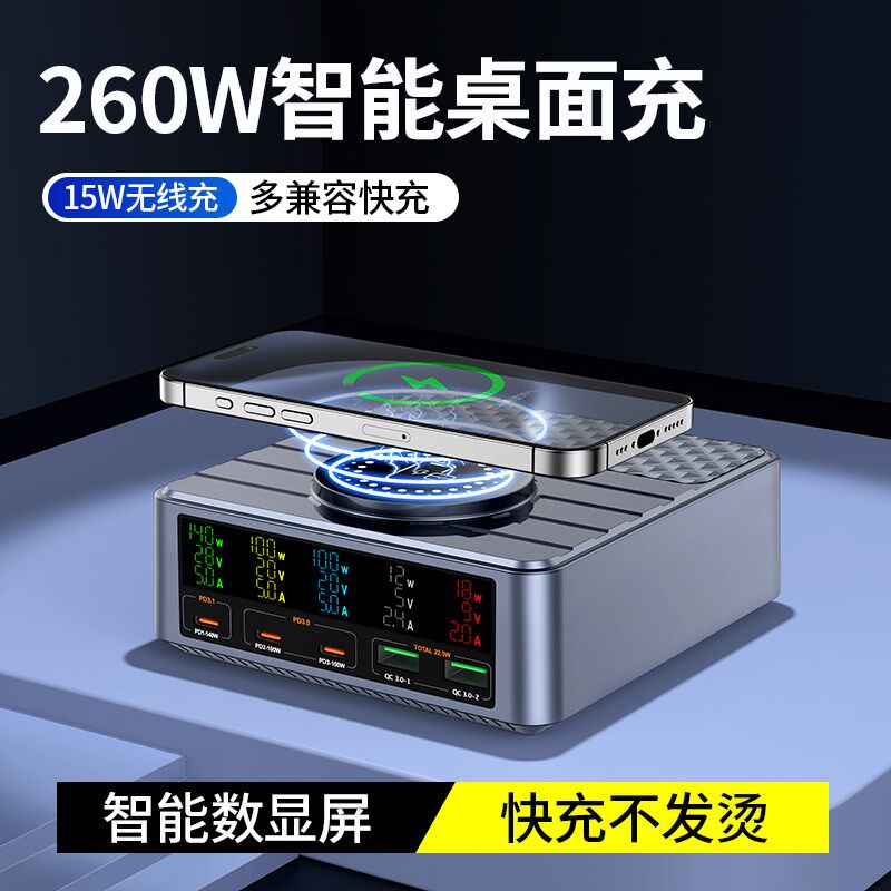 260W氮化镓Typec多口充电器PD140W大功率桌面充电站适用笔记本电
