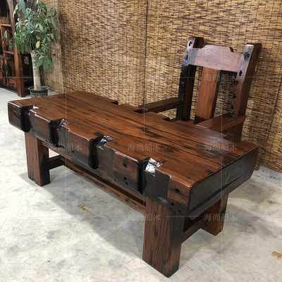 老船木茶桌椅组合双拼机舱木大板茶台大型泡茶桌原生态古船木家具