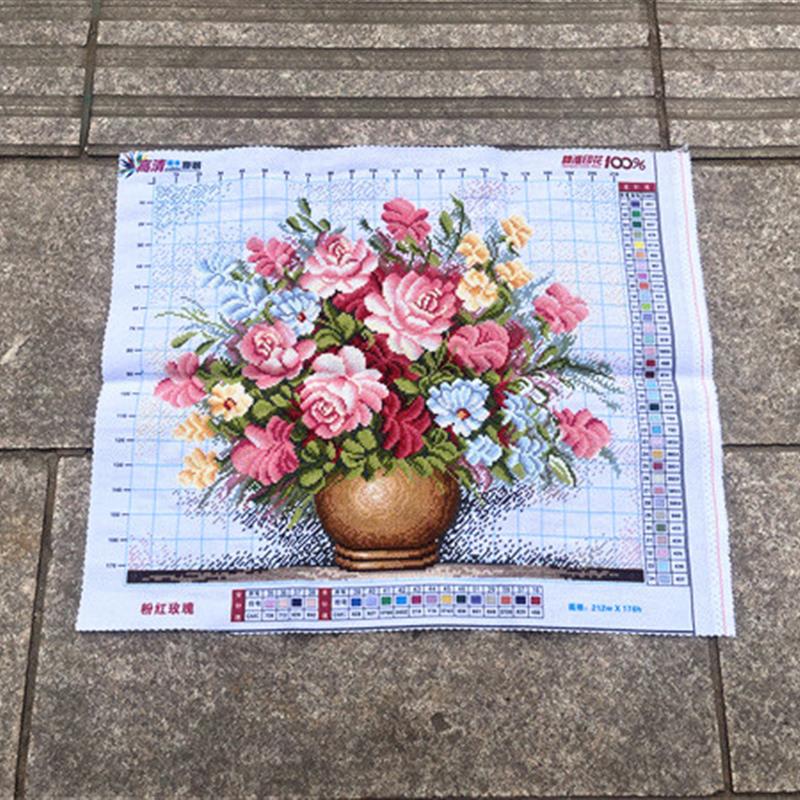 ~纯手工十字绣成品粉色玫瑰花瓶花植物花卉唯美客厅卧室小幅包邮