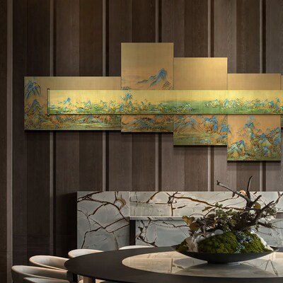 新中式办公室多层装饰画酒店江山秋色图背景挂画别墅山水风景壁画